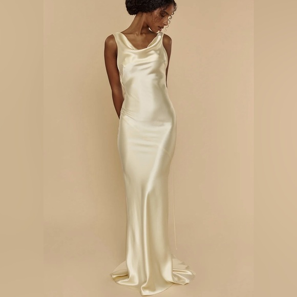 ABS | Dresses | 99s Abs Ivory Draped Neck Champagne Silky Chiffon Bias ...